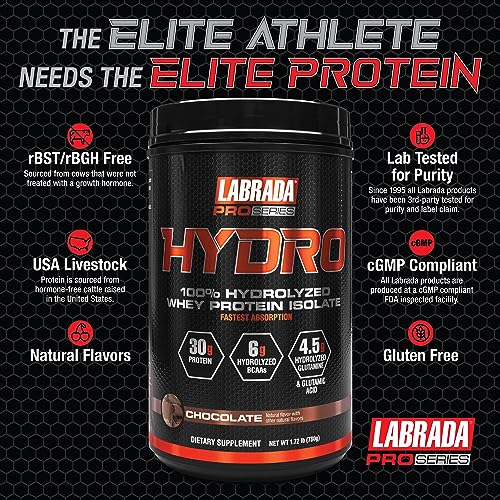 Labrada Hydro 100% Pure Hydrolyzed Whey Protein Isolate Powder, Lactose Free, 6g BCAA’s, 4.5g Glutamine, Fastest Digesting Whey Available, Instant Mixing, Delicious Taste (Chocolate)