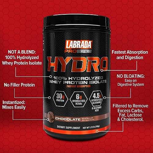 Labrada Hydro 100% Pure Hydrolyzed Whey Protein Isolate Powder, Lactose Free, 6g BCAA’s, 4.5g Glutamine, Fastest Digesting Whey Available, Instant Mixing, Delicious Taste (Chocolate)