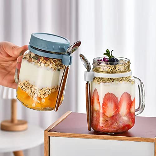 2 Pack Overnight Oats Containers with Lid and Spoon, Overnight Oats Jars 15 oz Large Capacity Airtight Oatmeal Container with Handle (White and Grey)