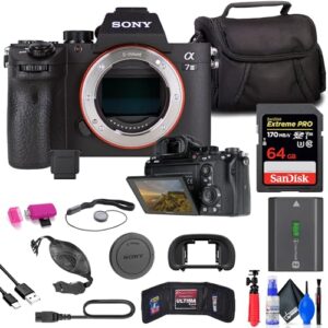 sony a7 iii mirrorless camera (ilce7m3/b) + 64gb memory card + bag + card reader + flex tripod + hand strap + memory wallet + cap keeper + cleaning kit (renewed)