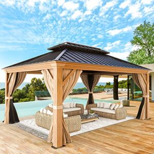 yoleny 12' x 14' hardtop gazebo wood grain gazebo with galvanized steel double roof, aluminum frame, outdoor patio hardtop gazebo with netting and curtains for deck, backyard, patio, lawns