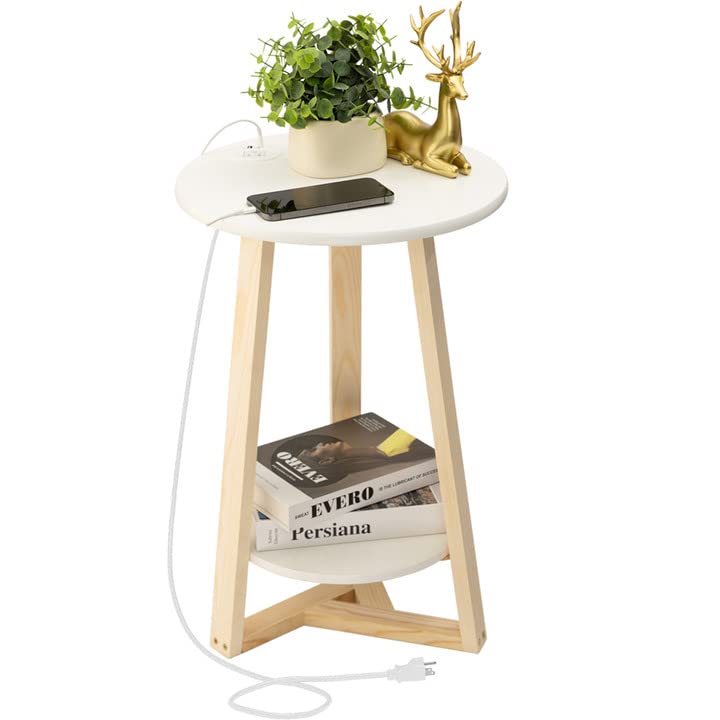 TINSAWOOD Side Table with Charging Station, Small Boho Round End Table with Two-Tier Storage for Living Room, Bedroom & Small Spaces, Easy Assembly