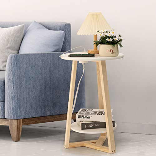 TINSAWOOD Side Table with Charging Station, Small Boho Round End Table with Two-Tier Storage for Living Room, Bedroom & Small Spaces, Easy Assembly