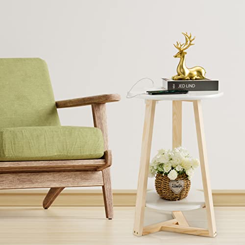 TINSAWOOD Side Table with Charging Station, Small Boho Round End Table with Two-Tier Storage for Living Room, Bedroom & Small Spaces, Easy Assembly