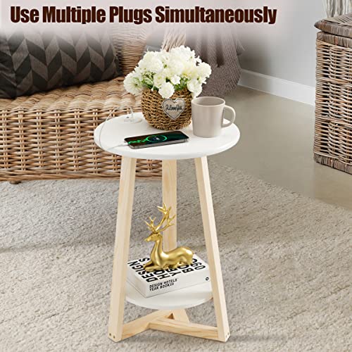 TINSAWOOD Side Table with Charging Station, Small Boho Round End Table with Two-Tier Storage for Living Room, Bedroom & Small Spaces, Easy Assembly