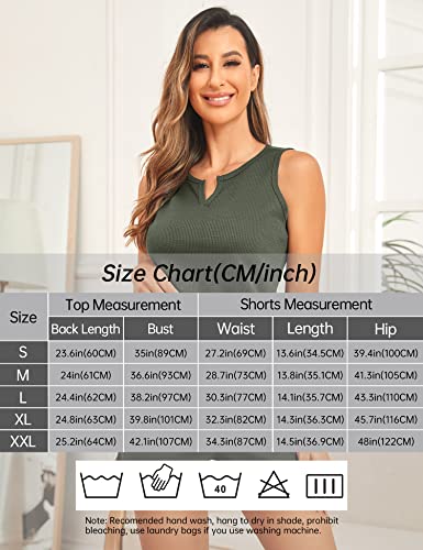 ANGGREK Women's Pajama Sets Sleeveless Tops and Shorts with Pockets 2 Piece PJ Sets for Loungewear Sleepwear,Army Green,X-Large