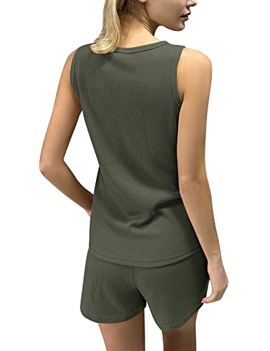 ANGGREK Women's Pajama Sets Sleeveless Tops and Shorts with Pockets 2 Piece PJ Sets for Loungewear Sleepwear,Army Green,X-Large