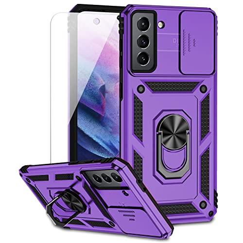 for Samsung Galaxy S21 FE 5G Case with Camera Lens Cover HD Screen Protector, Military-Grade Drop Tested Magnetic Ring Holder Kickstand Protective Phone Case for Samsung Galaxy S21 FE 5G (Purple)