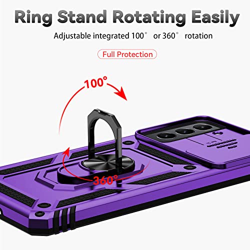 for Samsung Galaxy S21 FE 5G Case with Camera Lens Cover HD Screen Protector, Military-Grade Drop Tested Magnetic Ring Holder Kickstand Protective Phone Case for Samsung Galaxy S21 FE 5G (Purple)