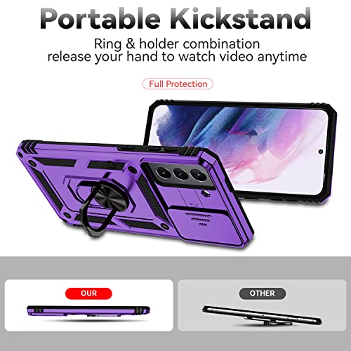 for Samsung Galaxy S21 FE 5G Case with Camera Lens Cover HD Screen Protector, Military-Grade Drop Tested Magnetic Ring Holder Kickstand Protective Phone Case for Samsung Galaxy S21 FE 5G (Purple)