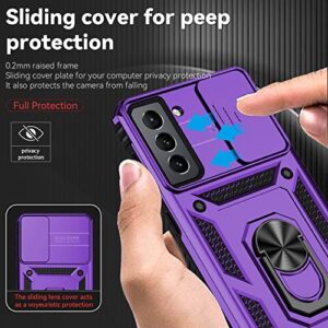 for Samsung Galaxy S21 FE 5G Case with Camera Lens Cover HD Screen Protector, Military-Grade Drop Tested Magnetic Ring Holder Kickstand Protective Phone Case for Samsung Galaxy S21 FE 5G (Purple)