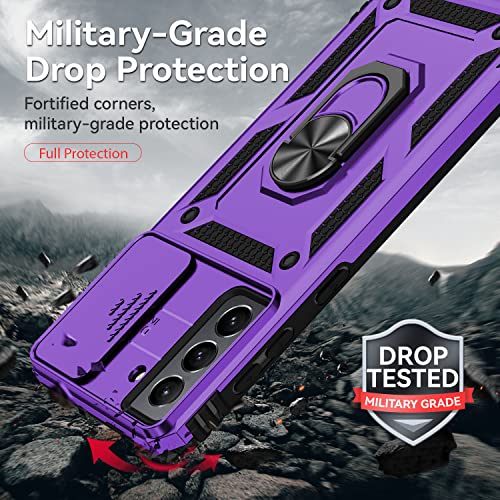 for Samsung Galaxy S21 FE 5G Case with Camera Lens Cover HD Screen Protector, Military-Grade Drop Tested Magnetic Ring Holder Kickstand Protective Phone Case for Samsung Galaxy S21 FE 5G (Purple)