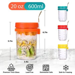 EDICHI 20 OZ Overnight Oats Containers with Lids and Spoon - Set of 4 Yogurt Parfait Cups with Lids, Glass Overnight Oats Jars, Reusable Oatmeal Containers with Measurement Markings for On-The-Go