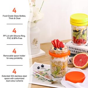 EDICHI 20 OZ Overnight Oats Containers with Lids and Spoon - Set of 4 Yogurt Parfait Cups with Lids, Glass Overnight Oats Jars, Reusable Oatmeal Containers with Measurement Markings for On-The-Go