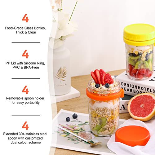 EDICHI 20 OZ Overnight Oats Containers with Lids and Spoon - Set of 4 Yogurt Parfait Cups with Lids, Glass Overnight Oats Jars, Reusable Oatmeal Containers with Measurement Markings for On-The-Go