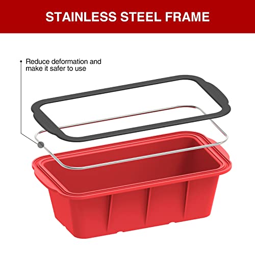 1.5 Pound Non-Stick Silicone Loaf Pan With Reinforced Steel Frame Inside, Meat Loaf Pan Mold For Homemade Baking, Toast, Brownie, Bread, BPA Free, Dishwasher, Microwave, Oven and Freezer Safe (Red)