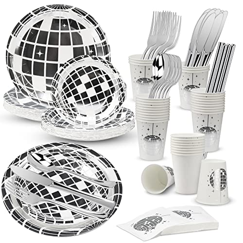 200 Pcs 70s Disco Party Supplies-Includes Disco Ball Cups, Straws, Plates, Napkins and Silver Wares, Cocktail Napkins and Disco Party - Perfect for Weddings 80s/90s Disco Parties Picnics and Travel