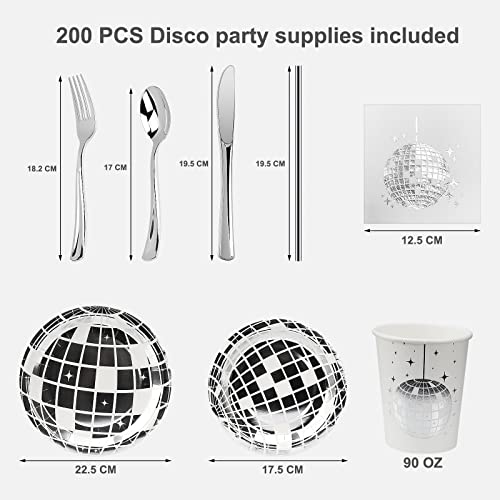 200 Pcs 70s Disco Party Supplies-Includes Disco Ball Cups, Straws, Plates, Napkins and Silver Wares, Cocktail Napkins and Disco Party - Perfect for Weddings 80s/90s Disco Parties Picnics and Travel