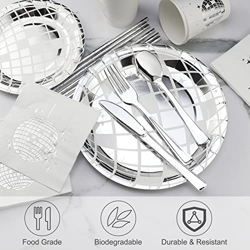 200 Pcs 70s Disco Party Supplies-Includes Disco Ball Cups, Straws, Plates, Napkins and Silver Wares, Cocktail Napkins and Disco Party - Perfect for Weddings 80s/90s Disco Parties Picnics and Travel