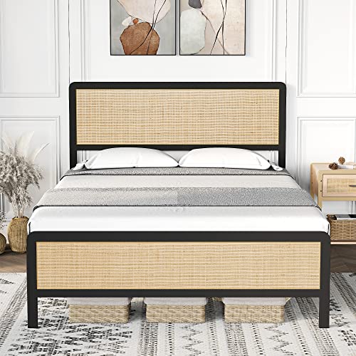 IDEALHOUSE Queen Size Bed Frame with Rattan Headboard and Footboard, Platform Bed Frame with Safe Rounded Corners, Strong Metal Slats Support, Mattress Foundation, Noise-Free, No Box Spring Needed