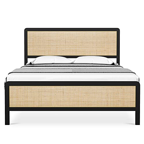 IDEALHOUSE Queen Size Bed Frame with Rattan Headboard and Footboard, Platform Bed Frame with Safe Rounded Corners, Strong Metal Slats Support, Mattress Foundation, Noise-Free, No Box Spring Needed