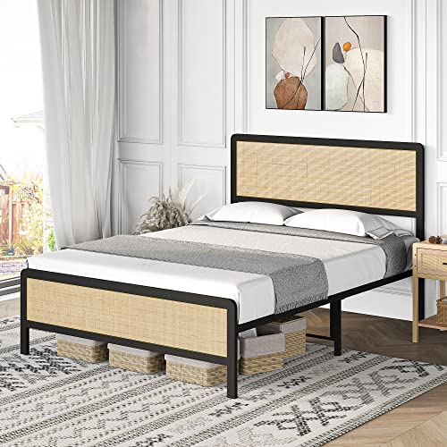 IDEALHOUSE Queen Size Bed Frame with Rattan Headboard and Footboard, Platform Bed Frame with Safe Rounded Corners, Strong Metal Slats Support, Mattress Foundation, Noise-Free, No Box Spring Needed