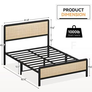 IDEALHOUSE Queen Size Bed Frame with Rattan Headboard and Footboard, Platform Bed Frame with Safe Rounded Corners, Strong Metal Slats Support, Mattress Foundation, Noise-Free, No Box Spring Needed