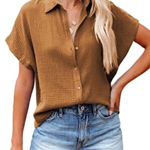 Dokotoo 2023 Fashion Summer Womens Solid V Neck Batwing Short Sleeve Shirts Button Down Cotton Office Workout Blouses Tops Resort Wear for Women Brown XL