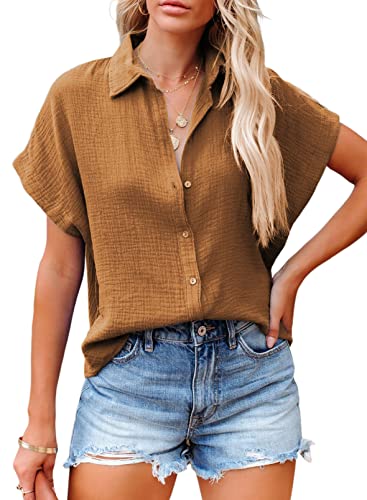 Dokotoo 2023 Fashion Summer Womens Solid V Neck Batwing Short Sleeve Shirts Button Down Cotton Office Workout Blouses Tops Resort Wear for Women Brown XL