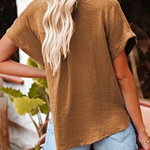 Dokotoo 2023 Fashion Summer Womens Solid V Neck Batwing Short Sleeve Shirts Button Down Cotton Office Workout Blouses Tops Resort Wear for Women Brown XL