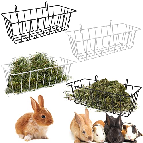 Pelopy 4 Pcs Rabbit Hay Feeder with Hooks Hay Feeder Guinea Pig Heavy Duty Metal Rack Hay Holder for Rabbit Guinea Pig Bunny Chinchilla Small Animal Pet Supplies, 9.1 x 3.9 x 3.7 Inch, Black and White