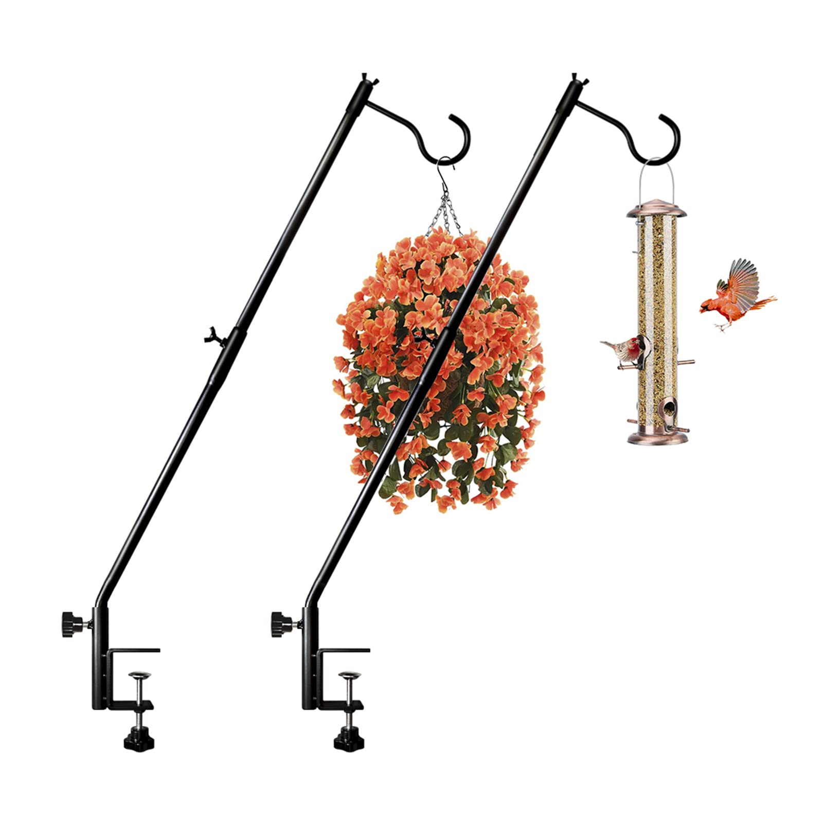 Funtife Deck Bird Feeder Hanger for Railing, 30Inch Heavy Duty Fence Deck Hook Pole, 360 Degree Horizontal Rotary Clamp-On for Hanging Outdoor flower pots, String lights, Wind Chimes and Decor, 2Packs