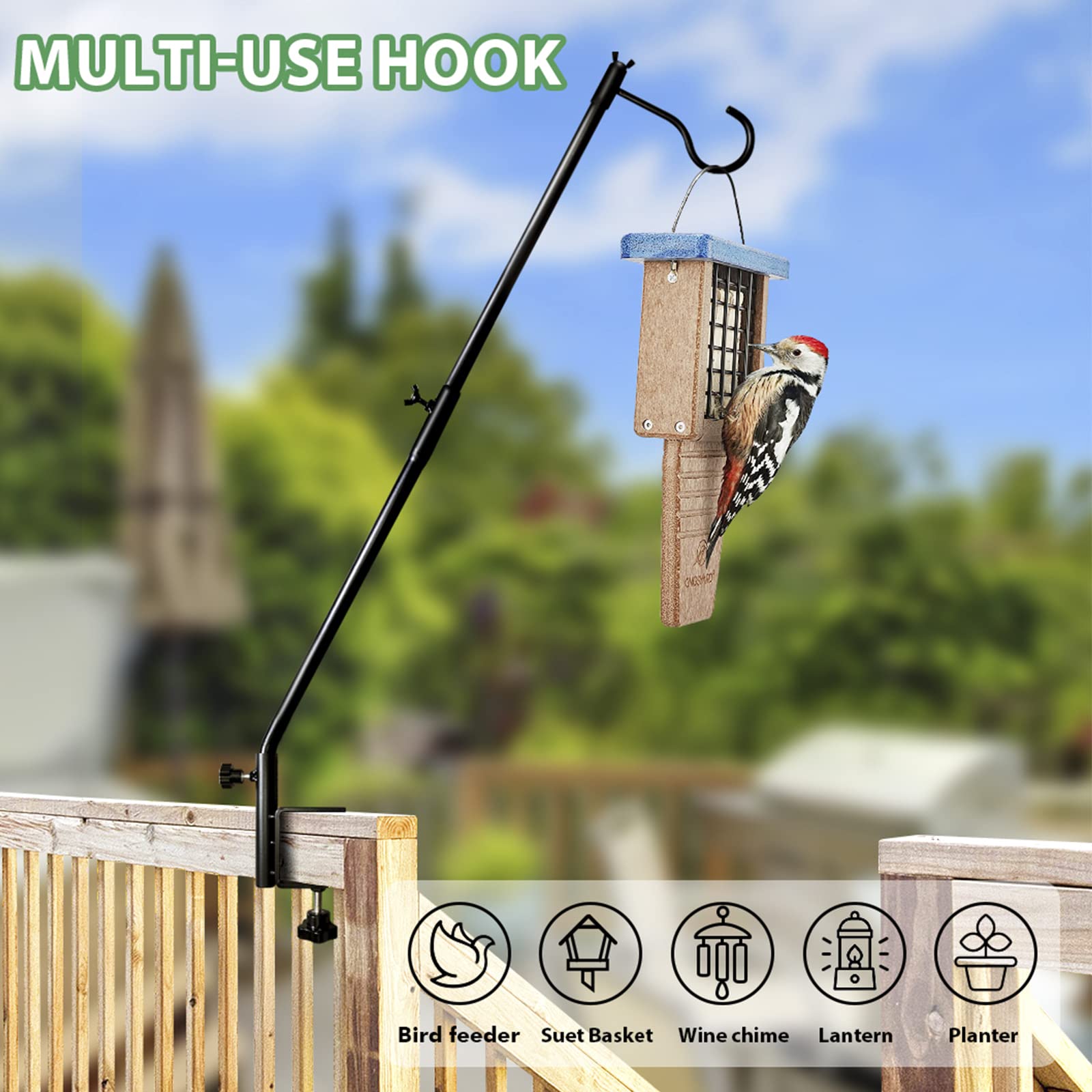 Funtife Deck Bird Feeder Hanger for Railing, 30Inch Heavy Duty Fence Deck Hook Pole, 360 Degree Horizontal Rotary Clamp-On for Hanging Outdoor flower pots, String lights, Wind Chimes and Decor, 2Packs