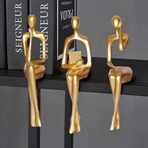 3pcs gold decor thinker statue abstract art sculpture decorations reading women figurine modern sitting shelf decor for home decor living room bookshelf coffee table desktop office decoration(gold)