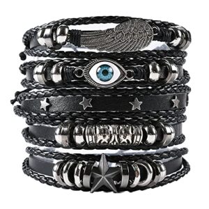 busslandy braided leather bracelets for men women cuff wrap bracelet stackable bracelet evil eye stars wings retro set wood ethnic tribal bracelets adjustable