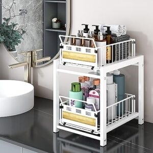 kosiwu under sink organizers and storage, 2 tier kitchen organizer and storage with sliding drawer pull out cabinet organizer white bathroom countertop organizer undersink organizer