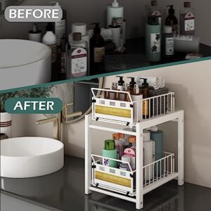 KOSIWU Under Sink Organizers and Storage, 2 Tier Kitchen Organizer and Storage with Sliding Drawer Pull Out Cabinet Organizer White Bathroom Countertop Organizer Undersink Organizer