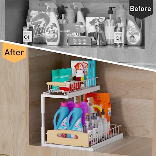 G-TING Under Sink Organizer 2 Tier, L Shaped Sliding Cabinet Basket Organizer, Slide Out Under Cabinet Storage, Multi-Purpose Pull Out Cabinet Organizer for Bathroom, Kitchen, White