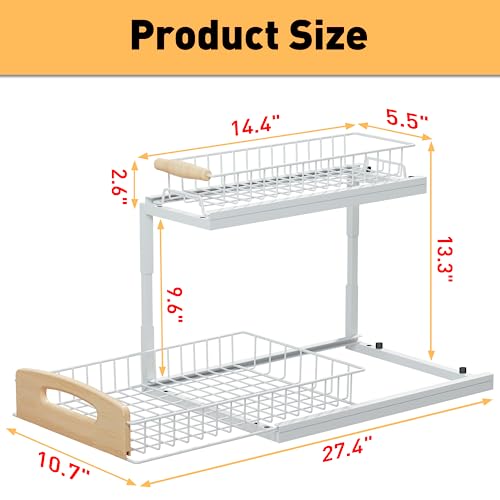 G-TING Under Sink Organizer 2 Tier, L Shaped Sliding Cabinet Basket Organizer, Slide Out Under Cabinet Storage, Multi-Purpose Pull Out Cabinet Organizer for Bathroom, Kitchen, White