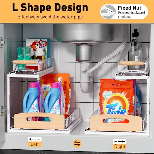 G-TING Under Sink Organizer 2 Tier, L Shaped Sliding Cabinet Basket Organizer, Slide Out Under Cabinet Storage, Multi-Purpose Pull Out Cabinet Organizer for Bathroom, Kitchen, White