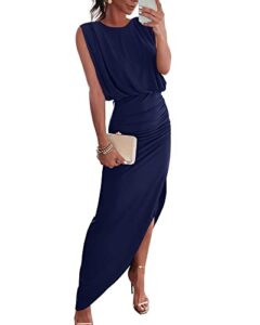 btfbm women sleeveless ruched bodycon dress 2023 summer high waist asymmetrical slit formal party cocktail maxi dresses(solid navy, large)