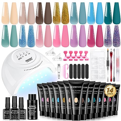 JEWHITENY 14 Colors Poly Extension Gel Nail Kit Nude pink Blue yellow Glitter All In One Poly gel Nail Kit Starter Kit Poly Nail gel Kit With U V Lamp Base Top Coat Gift for Women