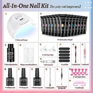 JEWHITENY 14 Colors Poly Extension Gel Nail Kit Nude pink Blue yellow Glitter All In One Poly gel Nail Kit Starter Kit Poly Nail gel Kit With U V Lamp Base Top Coat Gift for Women