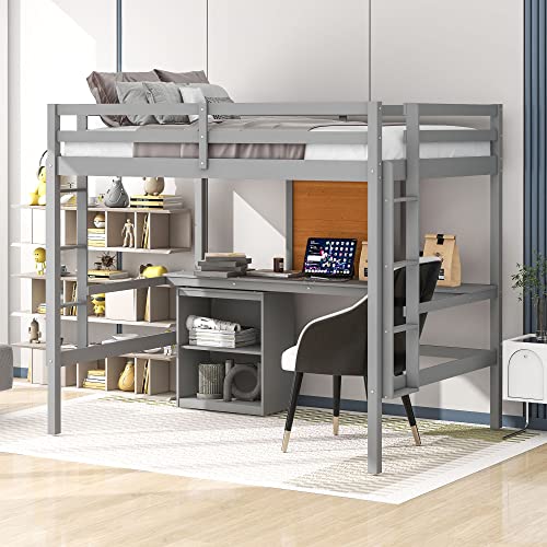 Lifeand Full Size Loft Bed with Desk and Writing Board, Wooden Loft Bed with Desk & 2 Drawers Cabinet,Gray