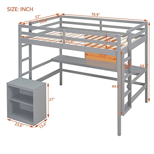 Lifeand Full Size Loft Bed with Desk and Writing Board, Wooden Loft Bed with Desk & 2 Drawers Cabinet,Gray