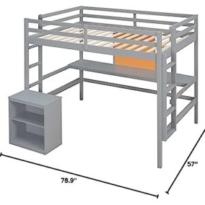 Lifeand Full Size Loft Bed with Desk and Writing Board, Wooden Loft Bed with Desk & 2 Drawers Cabinet,Gray