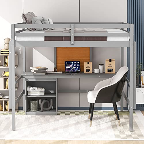 Lifeand Full Size Loft Bed with Desk and Writing Board, Wooden Loft Bed with Desk & 2 Drawers Cabinet,Gray