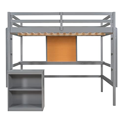 Lifeand Full Size Loft Bed with Desk and Writing Board, Wooden Loft Bed with Desk & 2 Drawers Cabinet,Gray