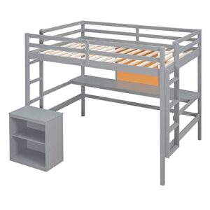 Lifeand Full Size Loft Bed with Desk and Writing Board, Wooden Loft Bed with Desk & 2 Drawers Cabinet,Gray