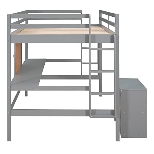 Lifeand Full Size Loft Bed with Desk and Writing Board, Wooden Loft Bed with Desk & 2 Drawers Cabinet,Gray